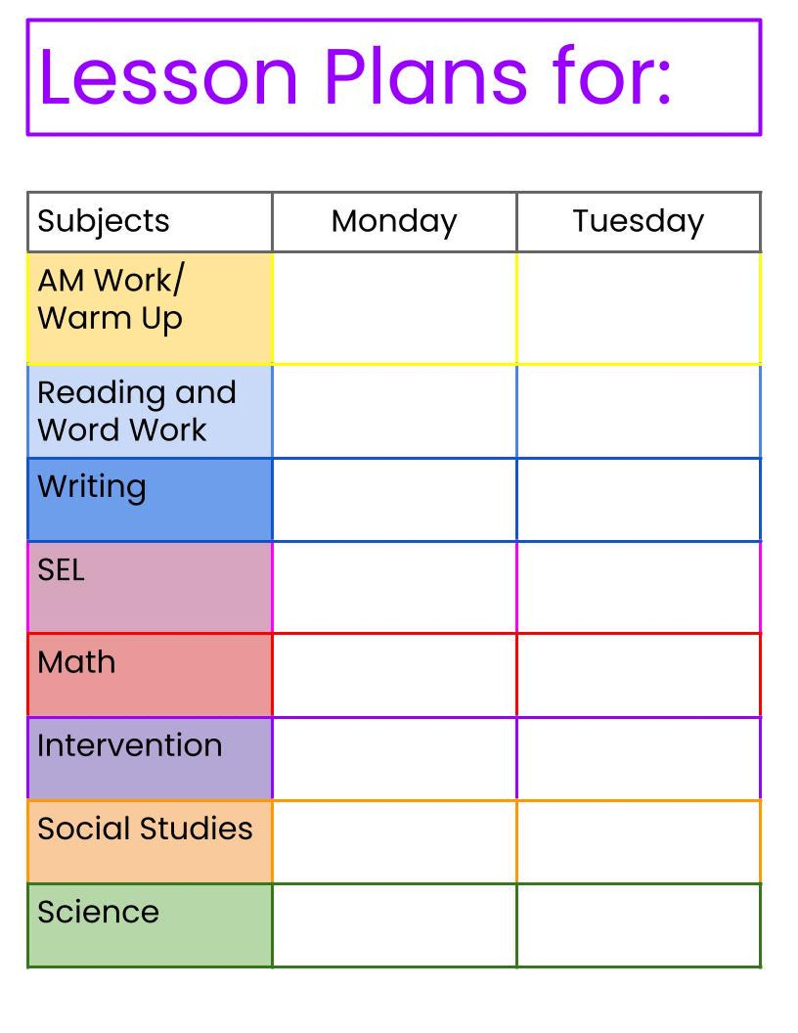 Weekly Lesson Plan Template - Etsy