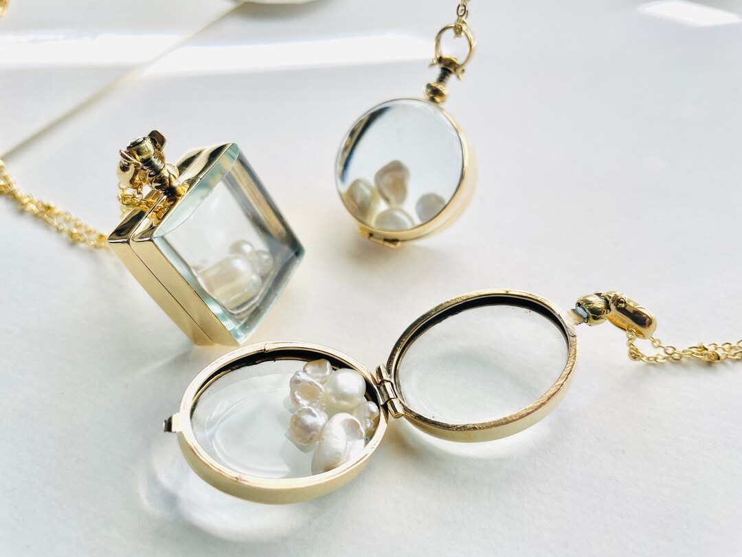 Beveled Glass Memory Locket Necklace, Hollowed Brass Memory Glass ...