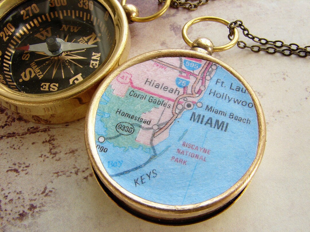 Personalized Keychain, Custom Map Compass, Miami Map Pocket Chain ...