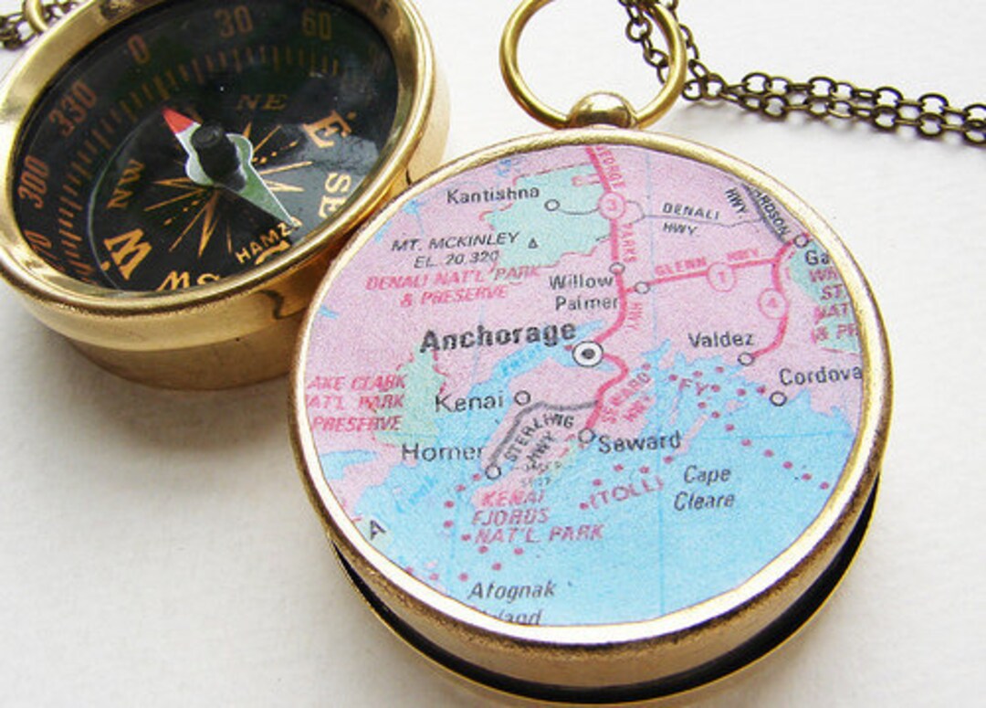 Map Compass Necklace, Personalized Gift, Custom Jewelry, Anchorage ...