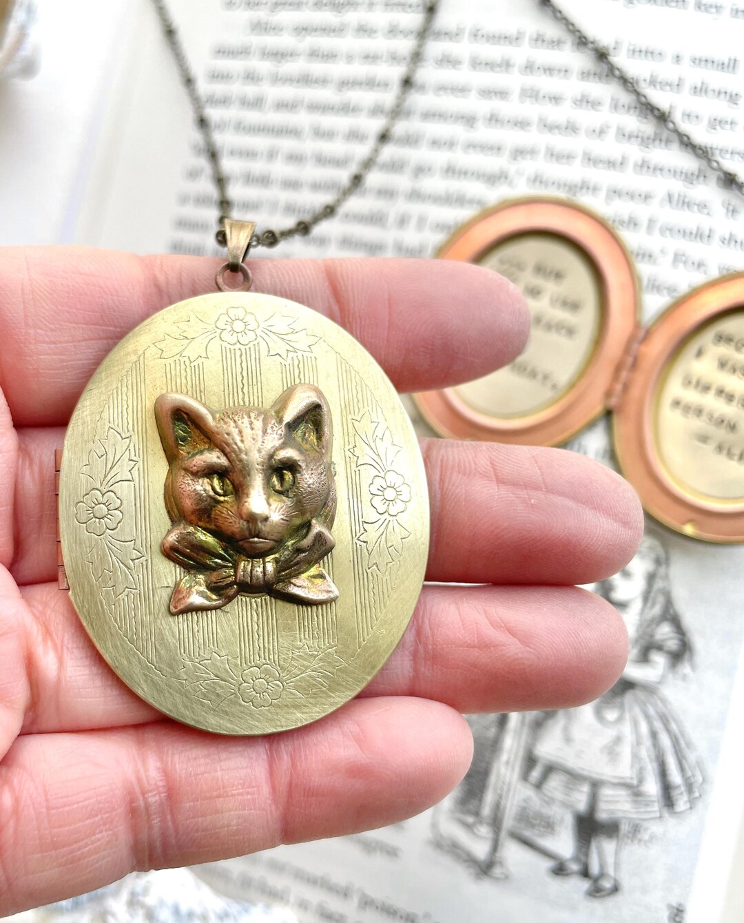 Vintage Oval Locket Necklace: Antique Brass Cat Locket, Personalized ...