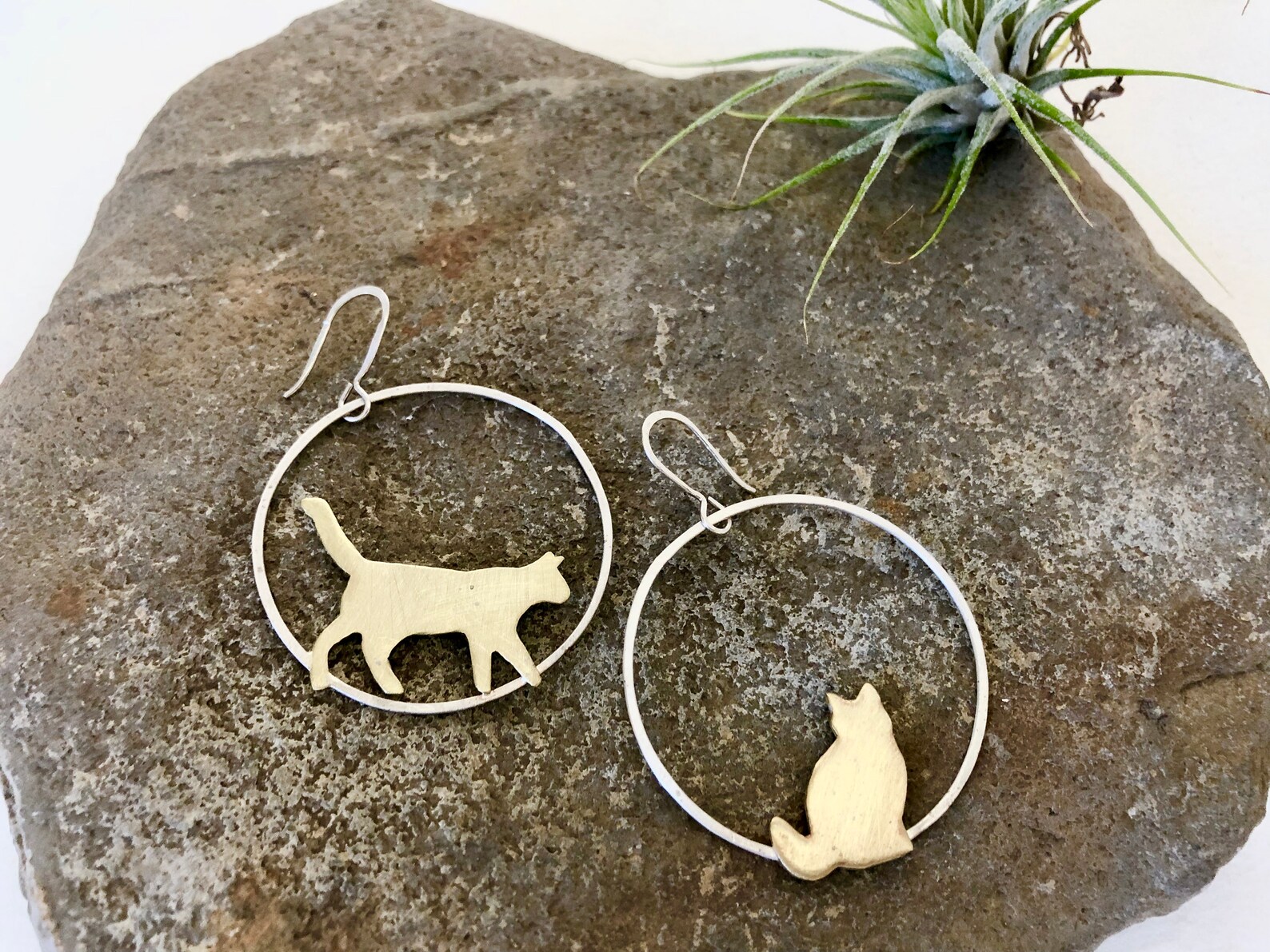 Large Cat Hoop Earrings Gold Cat Earrings Brass Cat | Etsy