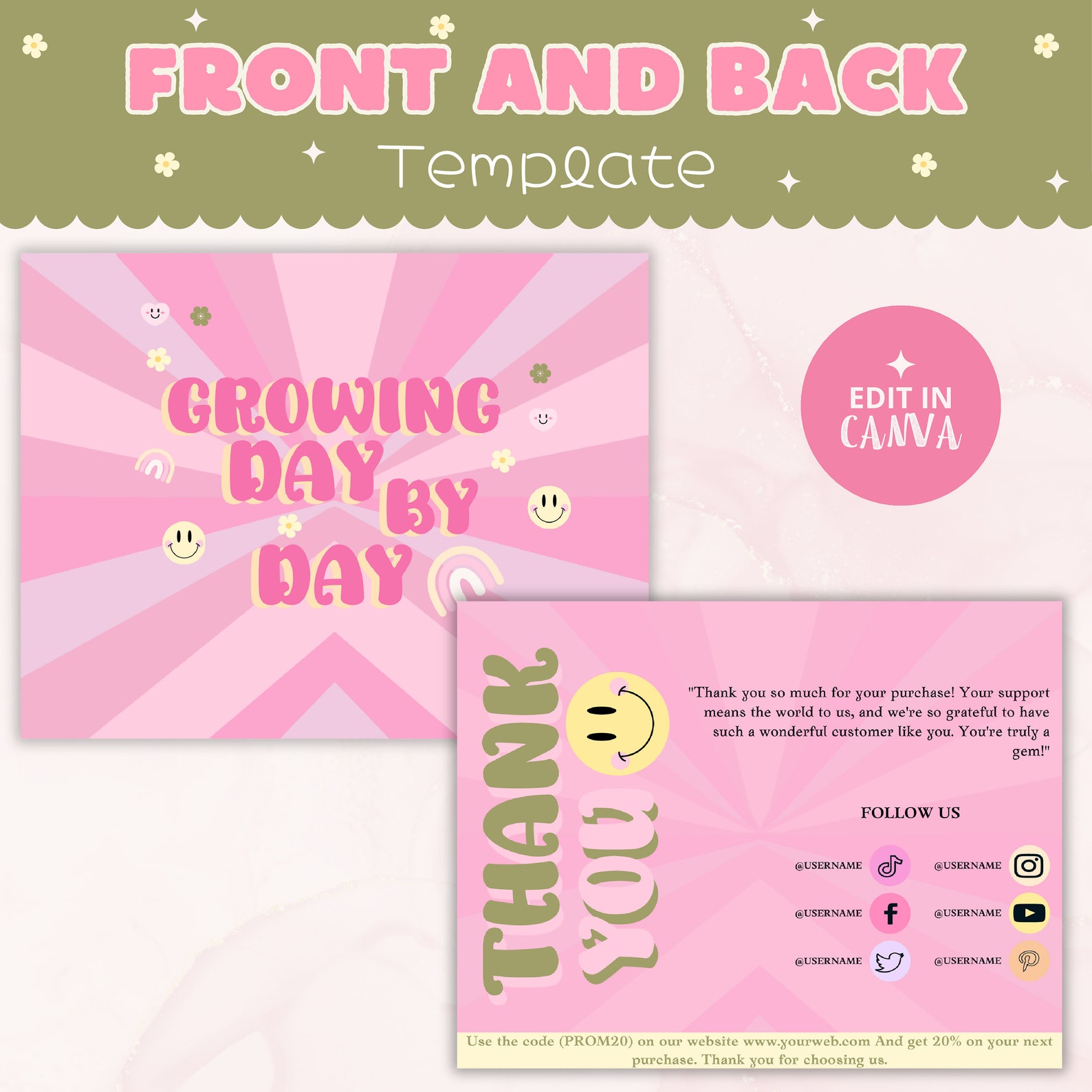 Thank You Card Rainbow Pink Template for Businesses Editable in Canva ...