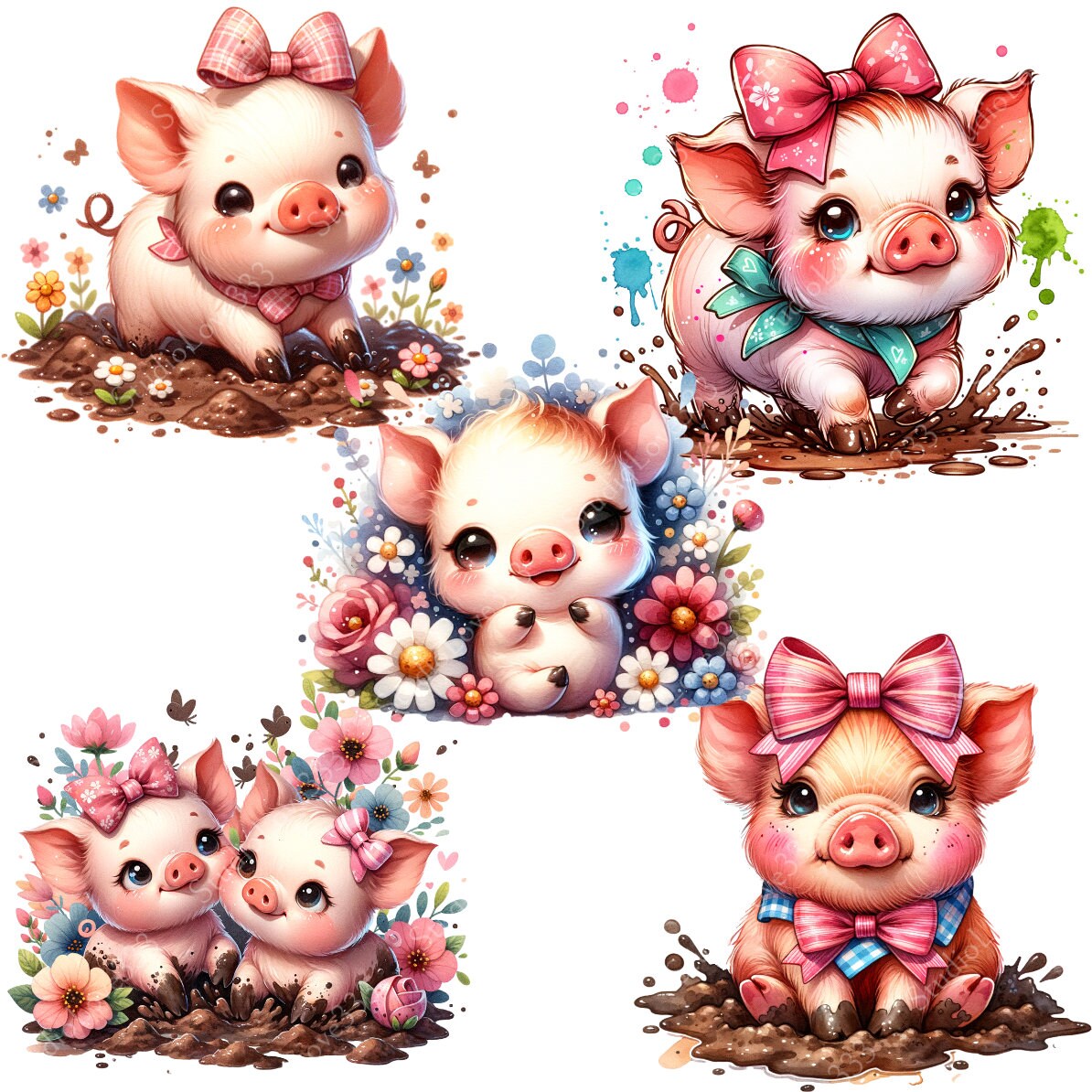 Adorable Pig Mud Party Clip Art Bundle | 5 Cute & Playful Pig ...