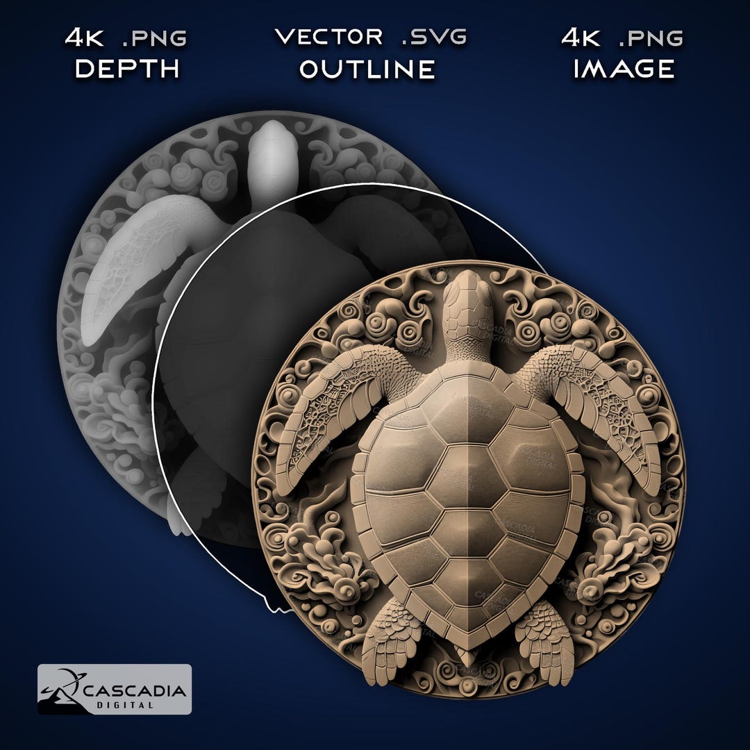 Sea Turtle Round - Laser Engrave 4K PNG Image, Depth Map, Exact-outline ...