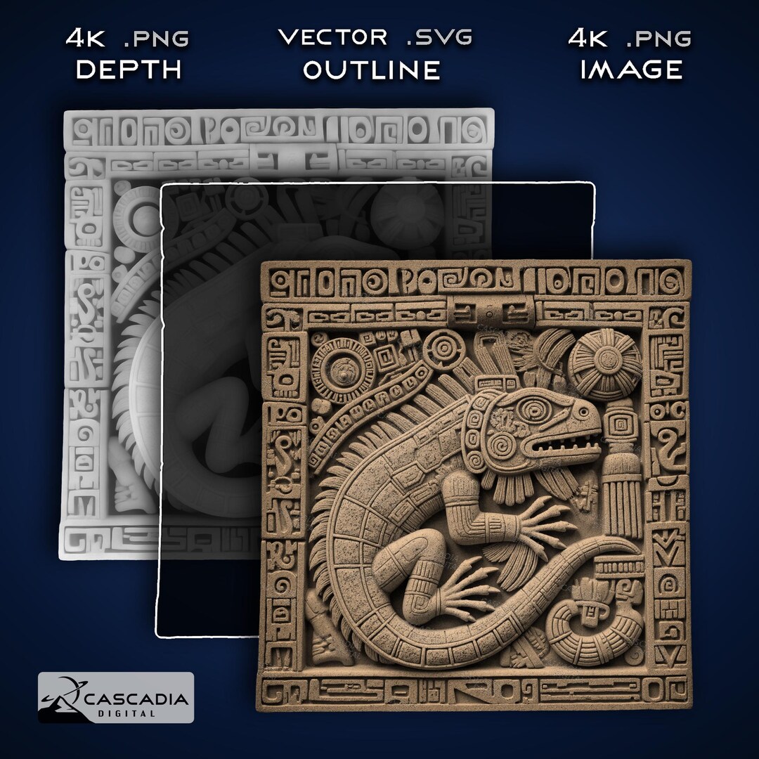Lizard Aztec - Laser Engrave 4K PNG Image, Depth Map, Exact-outline Cut ...