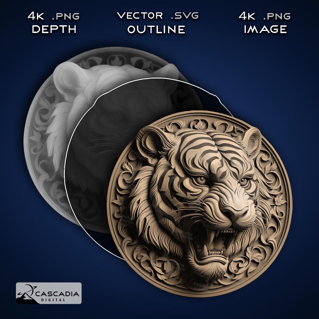 Tiger Head Round - Laser Engrave 4K PNG Image, Depth Map, Exact-outline ...