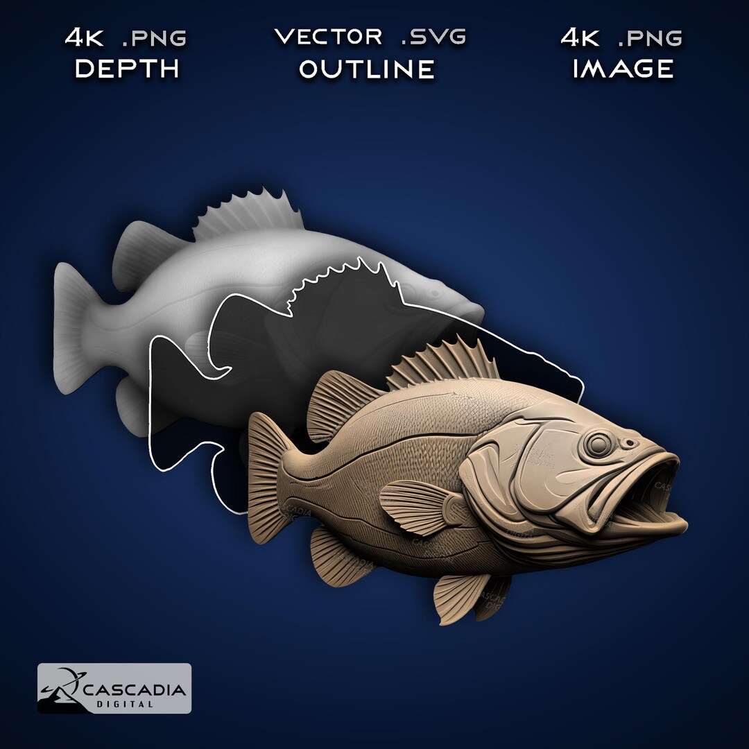 Large Mouth Bass - Laser Engrave 4K PNG Image, Depth Map, Exact-outline ...