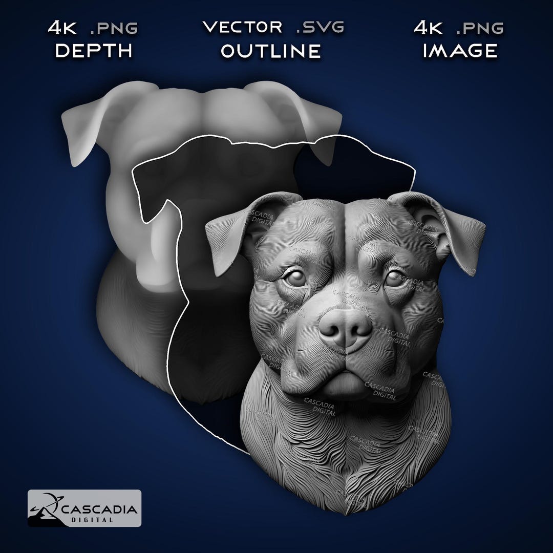 Amstaff Pitbull Head Laser 4K PNG Image, 3D Depth Map, SVG Outline ...