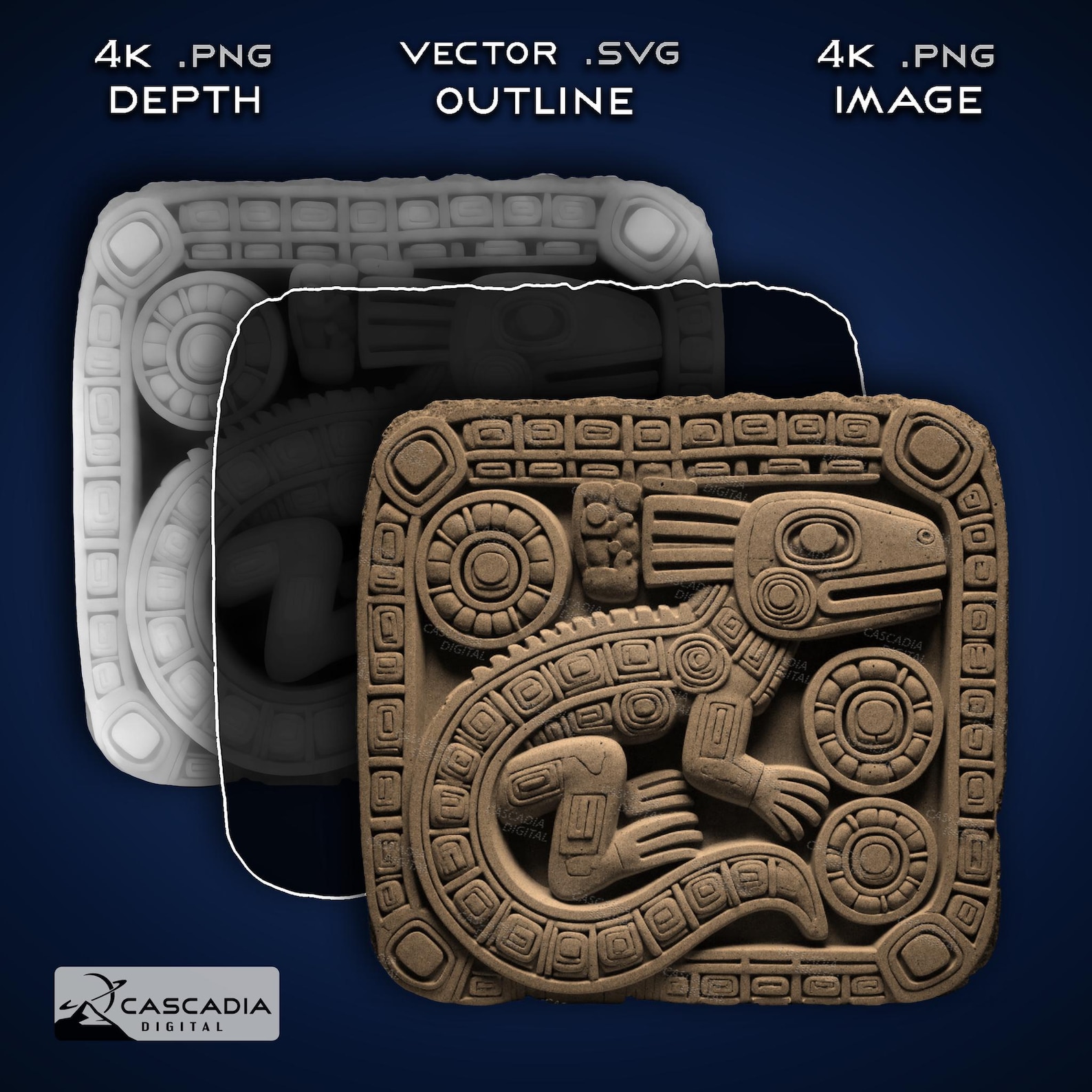 Lizard Aztec Round - Laser Engrave 4K PNG Image, Depth Map, Exact ...