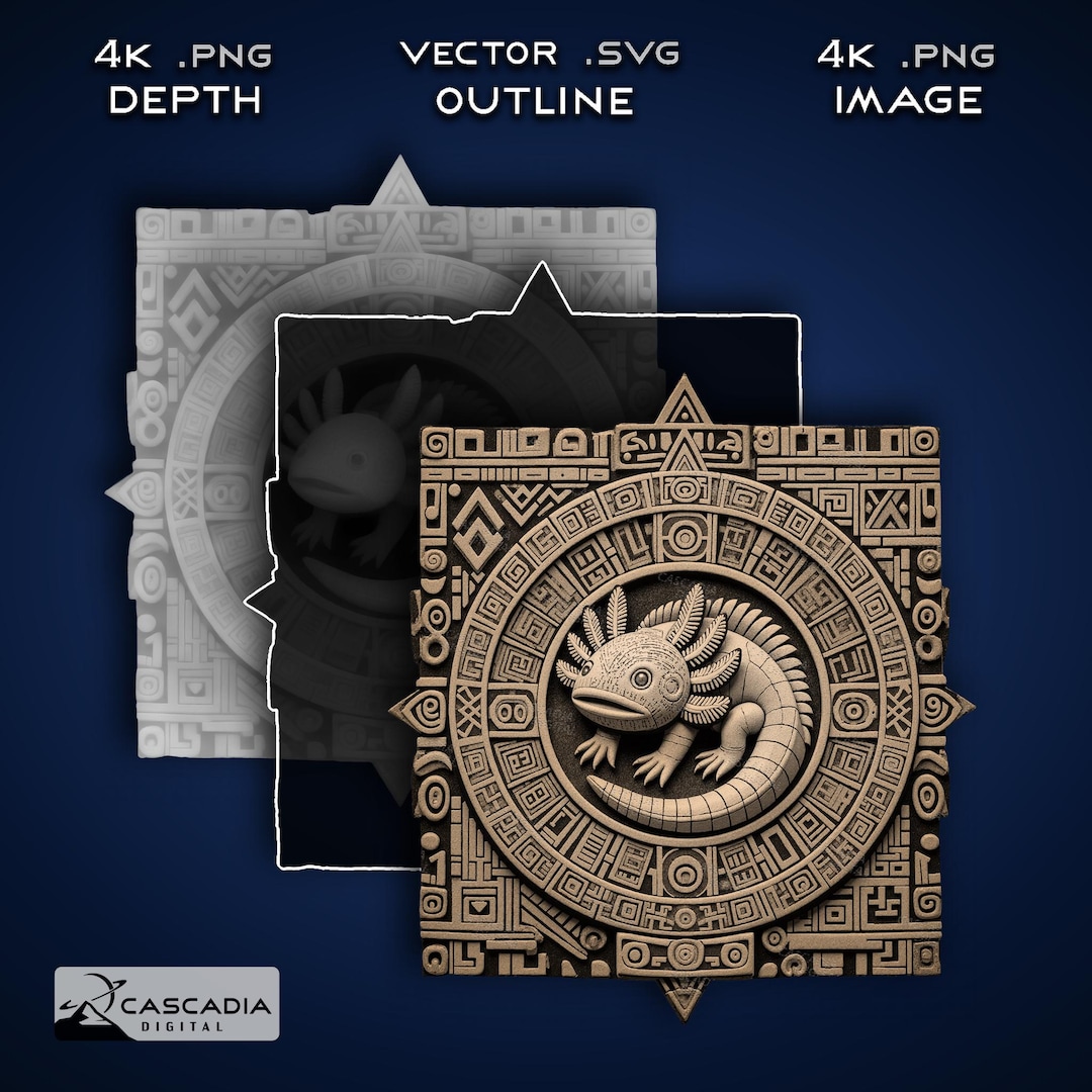 Axolotl Aztec - Laser Engrave 4K PNG Image, Depth Map, Exact-outline ...