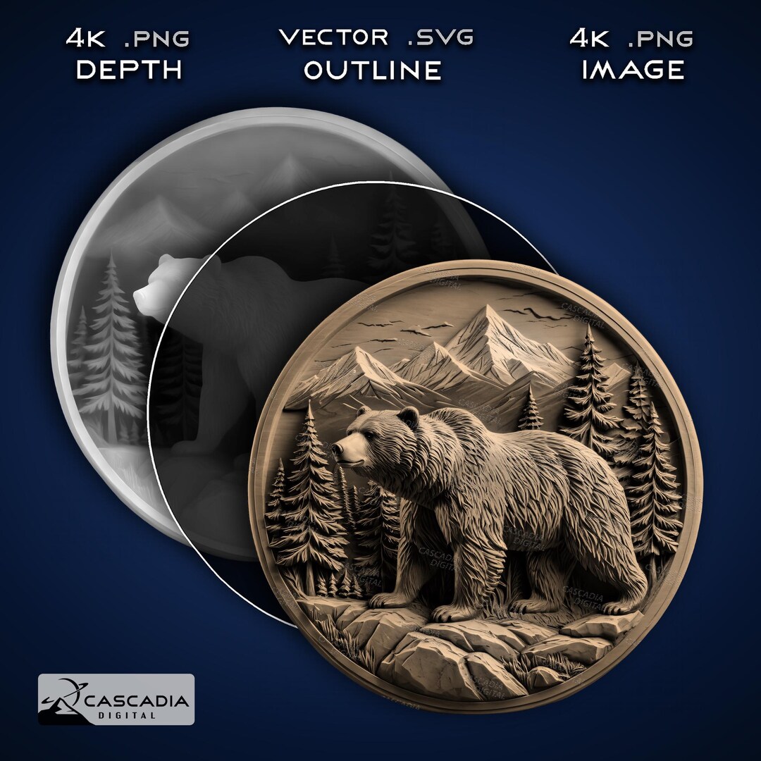 Grizzly Bear Round - Laser PNG, Depth Map, and SVG for Glowforge and ...