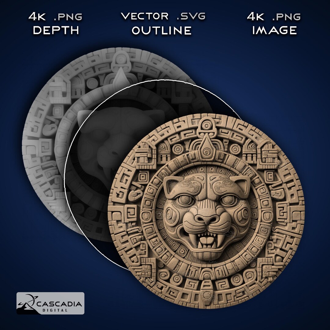 Jaguar Aztec Round - Laser Engrave 4K PNG Image, Depth Map, Exact ...