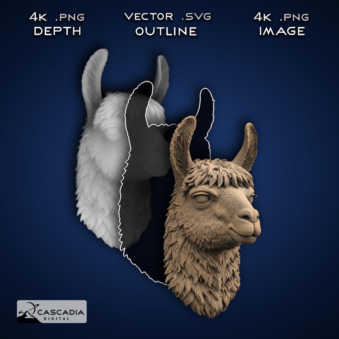 Llama Alpaca Head - Laser Engrave 4K PNG Image, Depth Map, Exact-outline Cut File, 3D Illusion ...