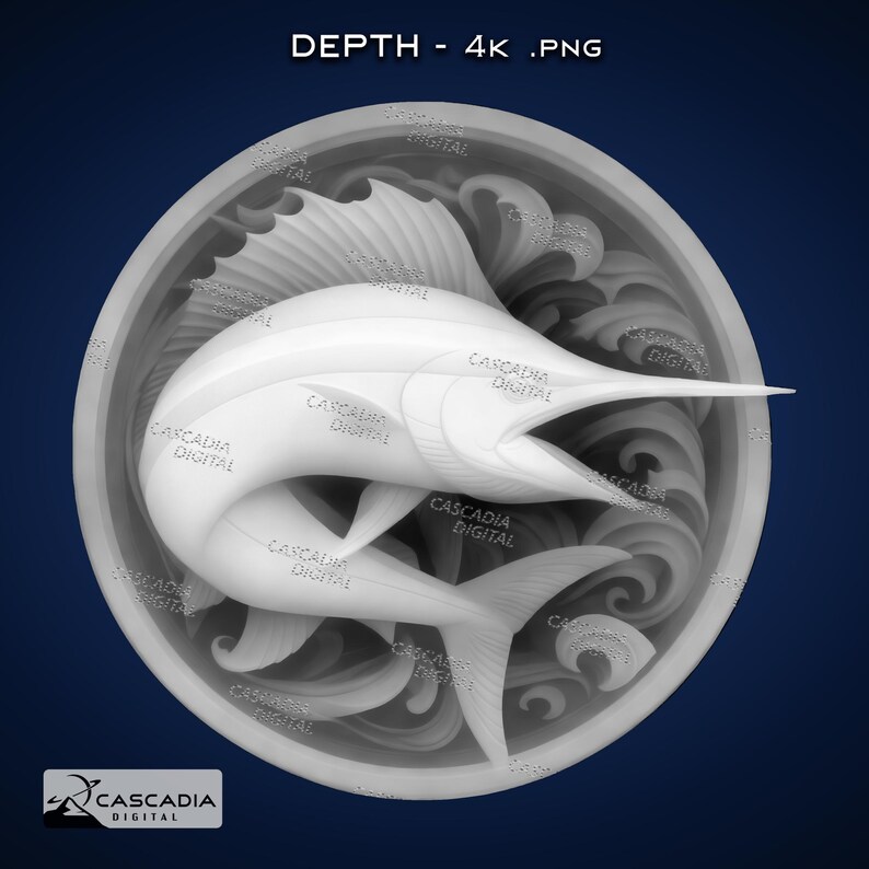 Marlin Round - Laser Engrave 4K PNG Image, Depth Map, Exact-outline Cut ...