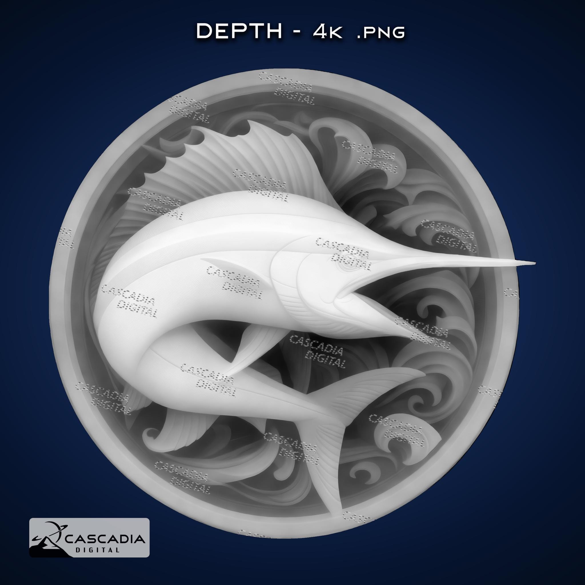 Marlin Round - Laser Engrave 4K PNG Image, Depth Map, Exact-outline Cut ...