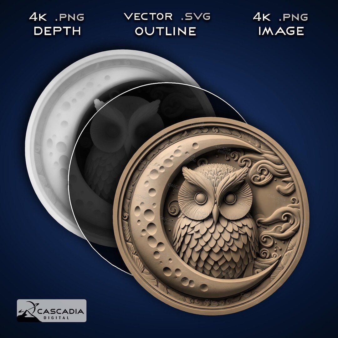 Owl Moon Round - Laser Engrave 4K PNG Image, Depth Map, Exact-outline ...