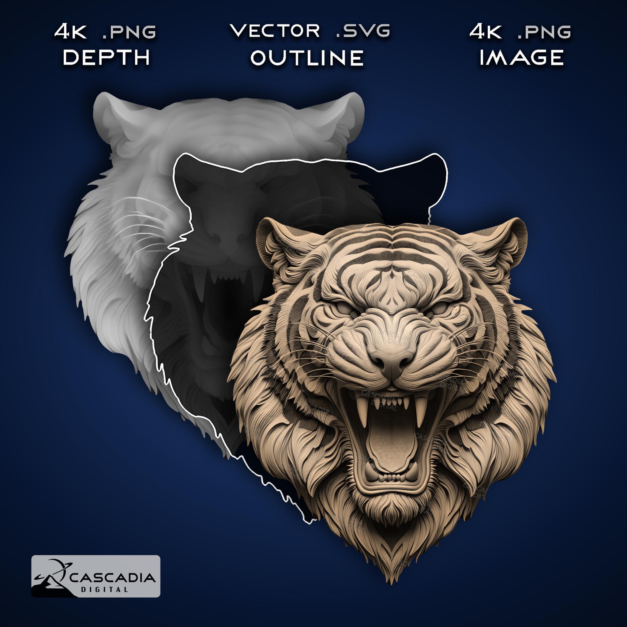 Tiger Head Laser 4K PNG Image, 3D Depth Map, SVG Outline Vector Path ...