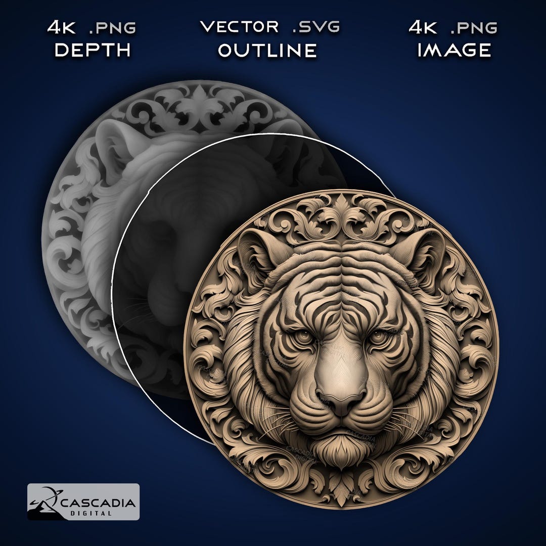 Tiger Head Round - Laser Engrave 4K PNG Image, Depth Map, Exact-outline ...