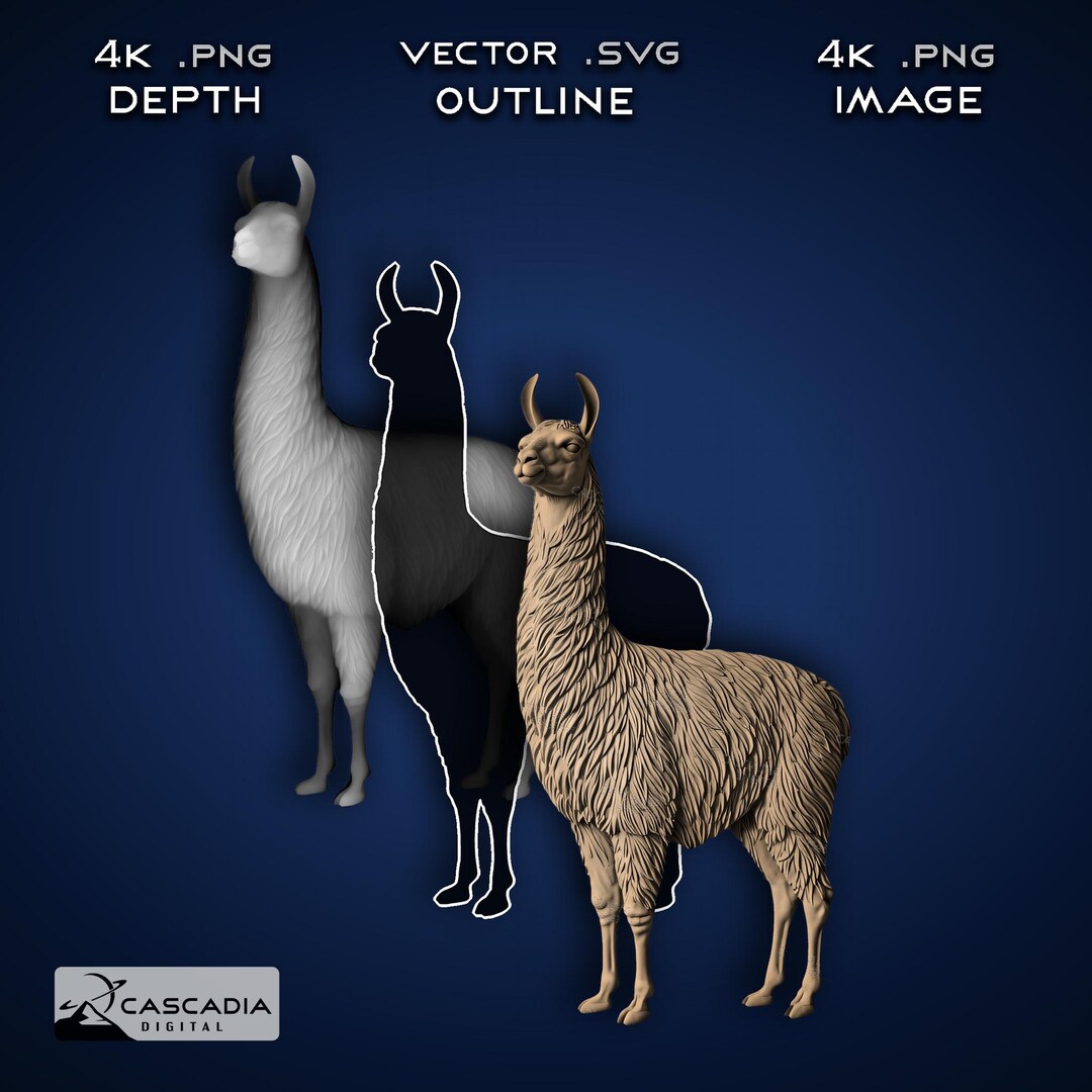 Llama Alpaca Side - Laser Engrave 4K PNG Image, Depth Map, Exact-outline Cut File, 3D Illusion ...