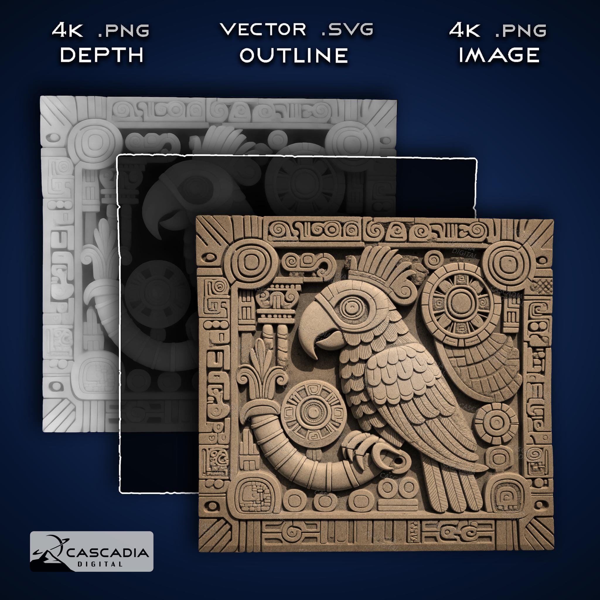 Macaw Aztec - Laser Engrave 4K PNG Image, Depth Map, Exact-outline Cut ...