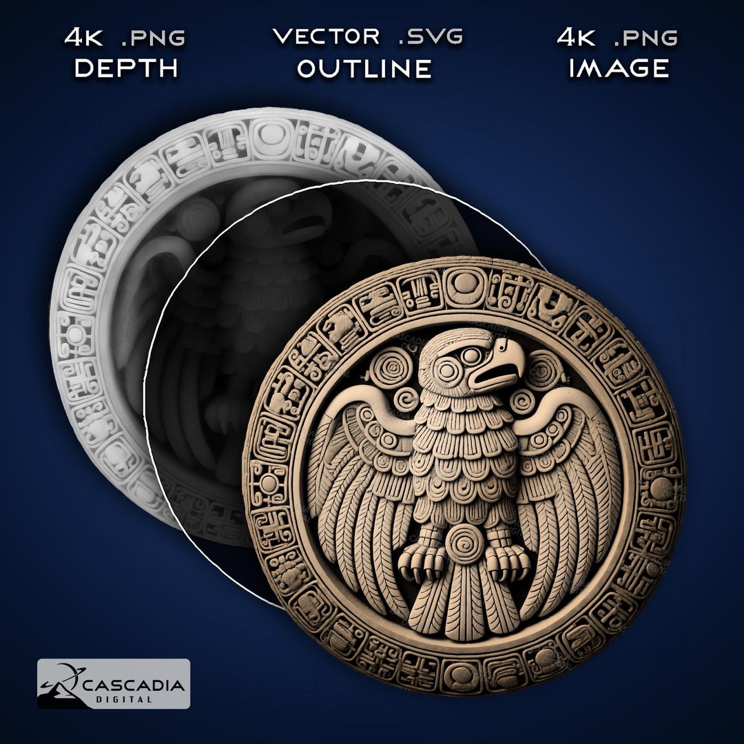 Eagle Raven Round Aztec - Laser Engrave 4K PNG Image, Depth Map, Exact ...