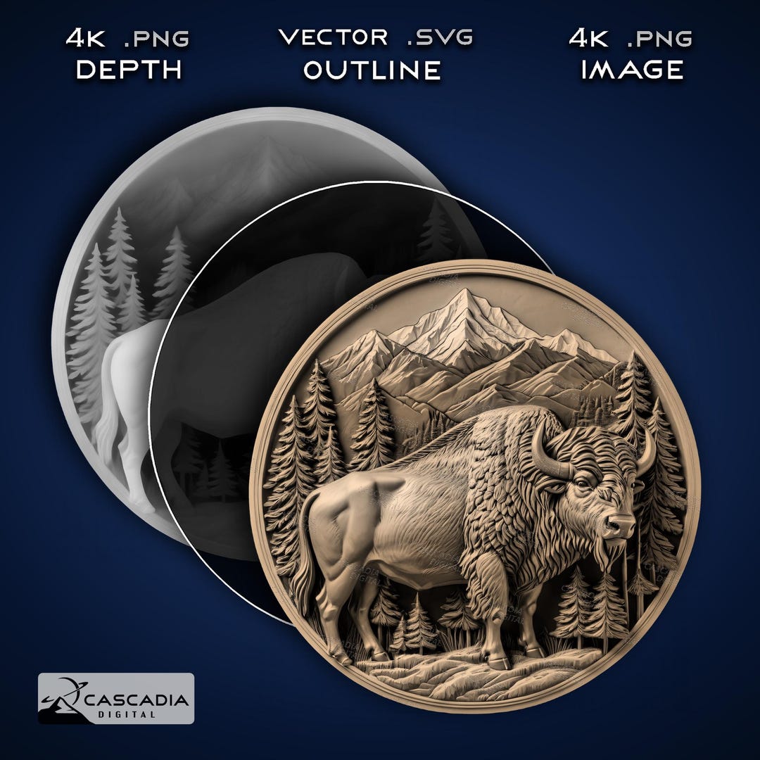 Bison Round - Laser Engrave 4K PNG Image, Depth Map, Exact-outline Cut ...