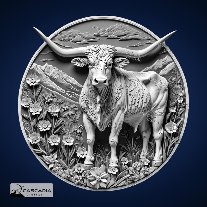 Longhorn Steer Round - Laser Engrave 4K PNG Image, Depth Map, Exact ...