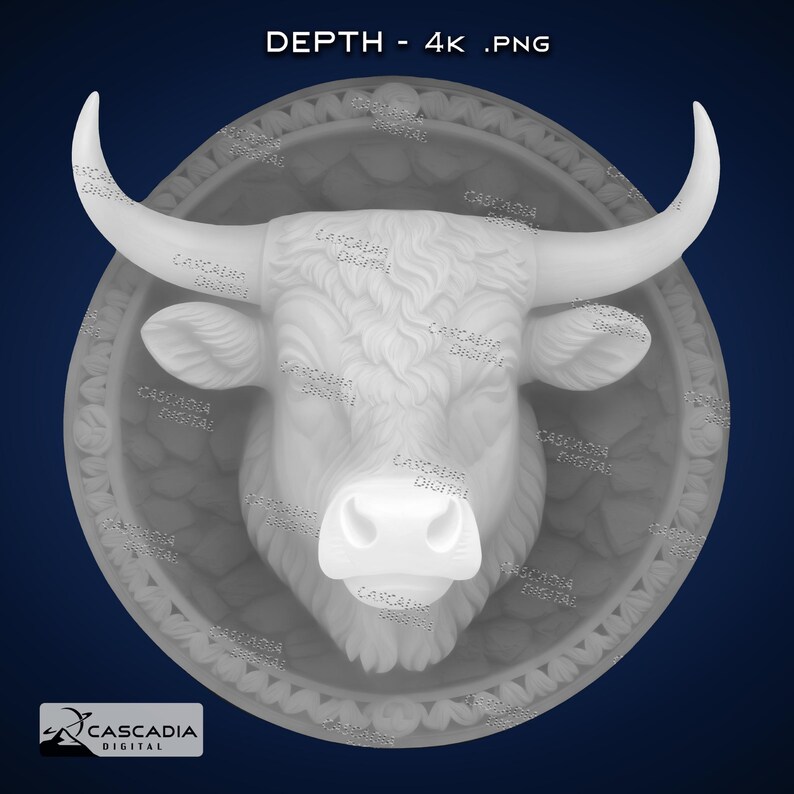 Bull Head Round - Laser Engrave 4K PNG Image, Depth Map, Exact-outline ...