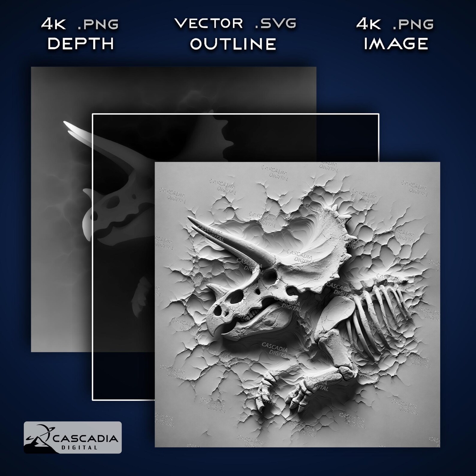 Triceratops Fossil Upper Body Laser 4K PNG Image, 3D Depth Map, SVG ...