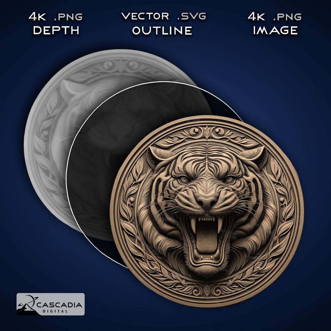 Tiger Head Round - Laser Engrave 4K PNG Image, Depth Map, Exact-outline ...