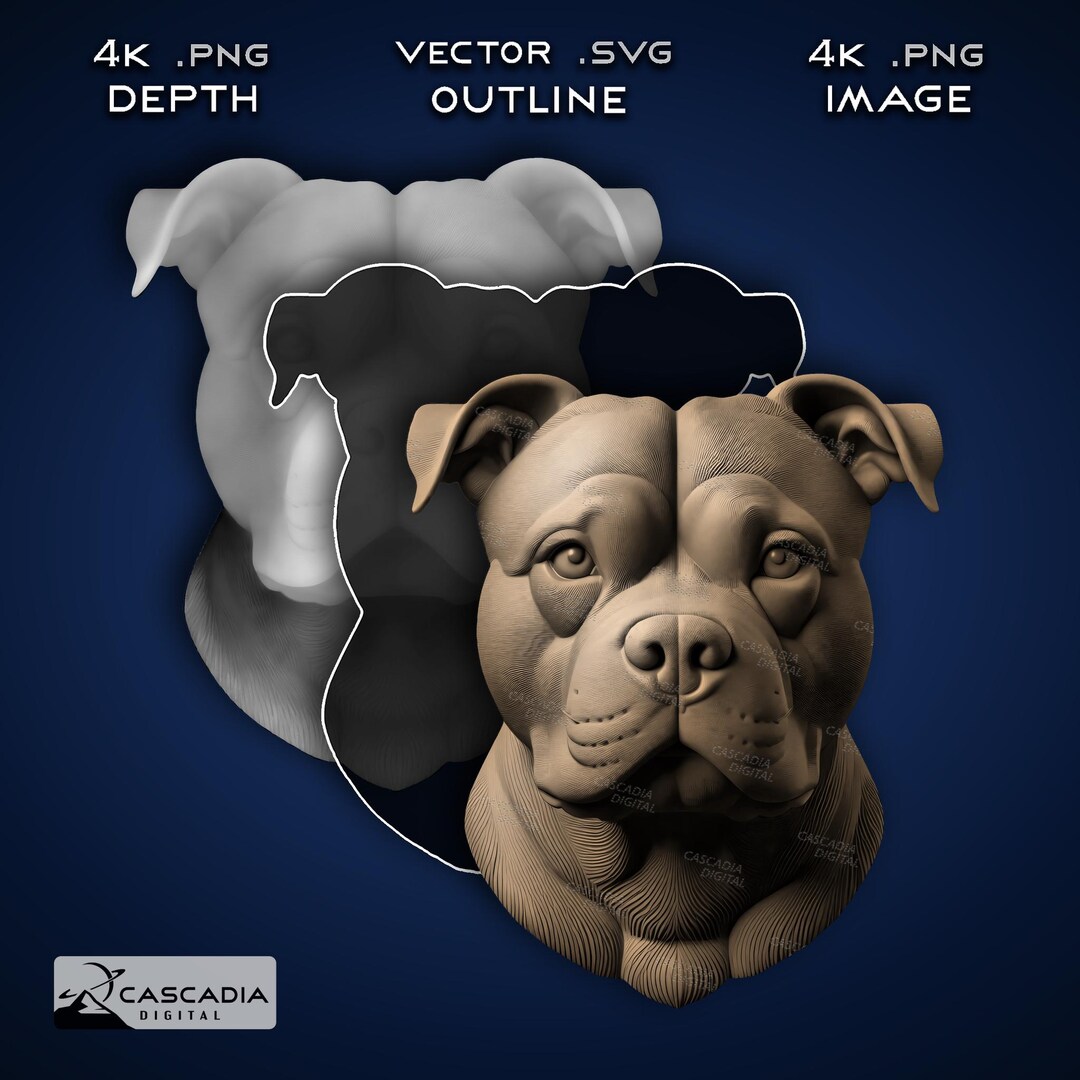 Amstaff Pitbull Head - Laser PNG, Depth Map, and SVG for Glowforge and ...