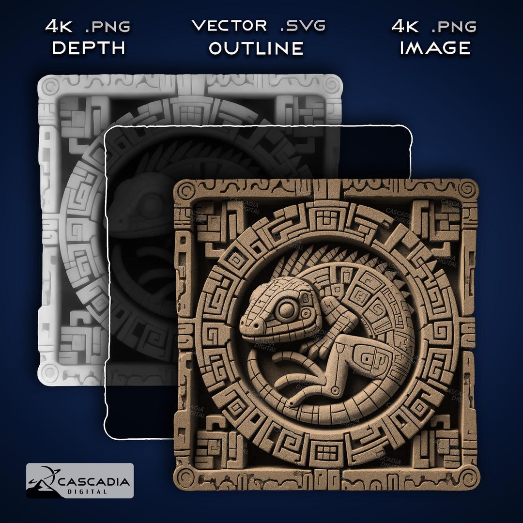 Lizard Aztec - Laser Engrave 4K PNG Image, Depth Map, Exact-outline Cut ...