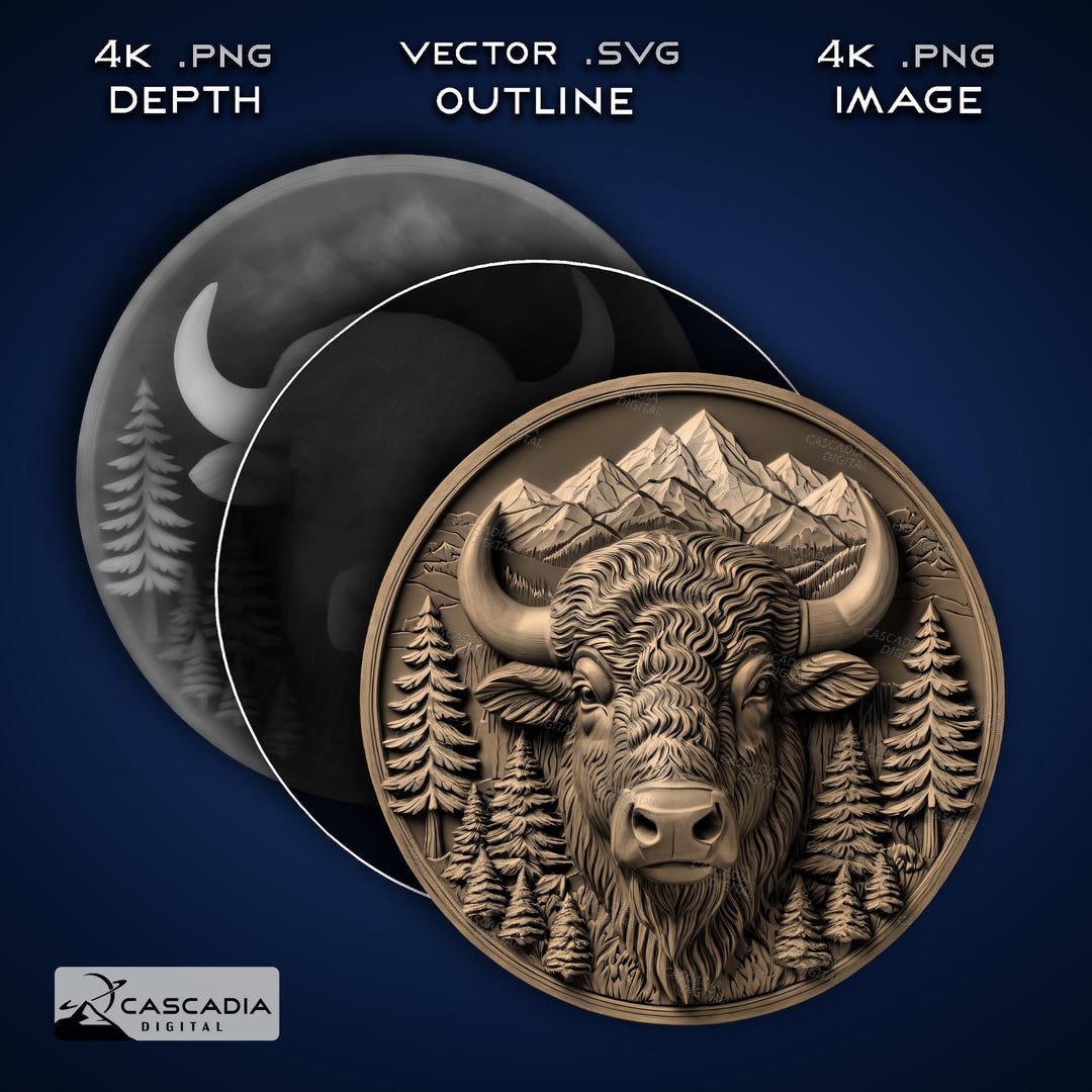 Bison Head Round - Laser Engrave 4K PNG Image, Depth Map, Exact-outline ...