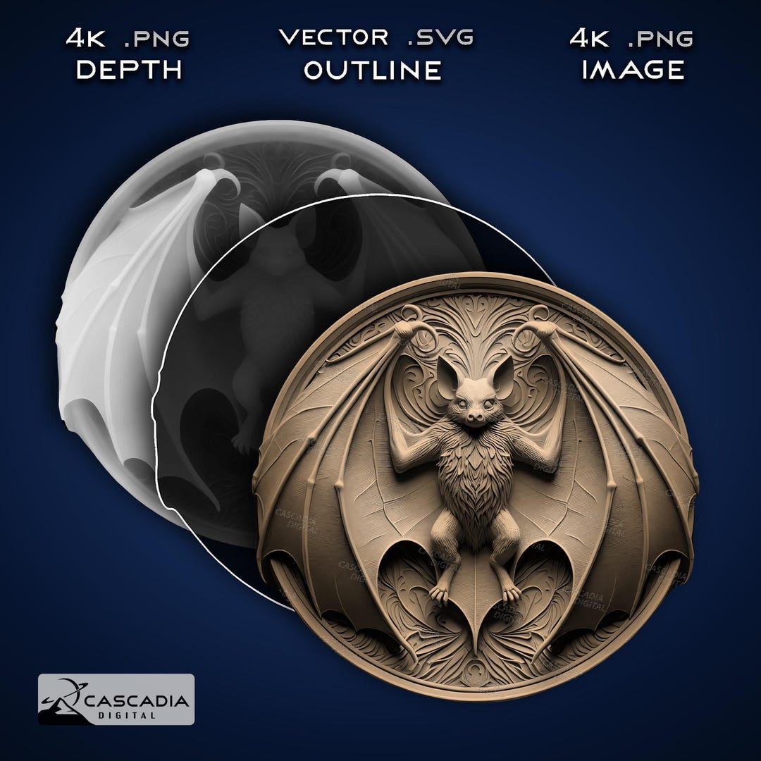 Bat Round - Laser Engrave 4K PNG Image, Depth Map, Exact-outline Cut ...