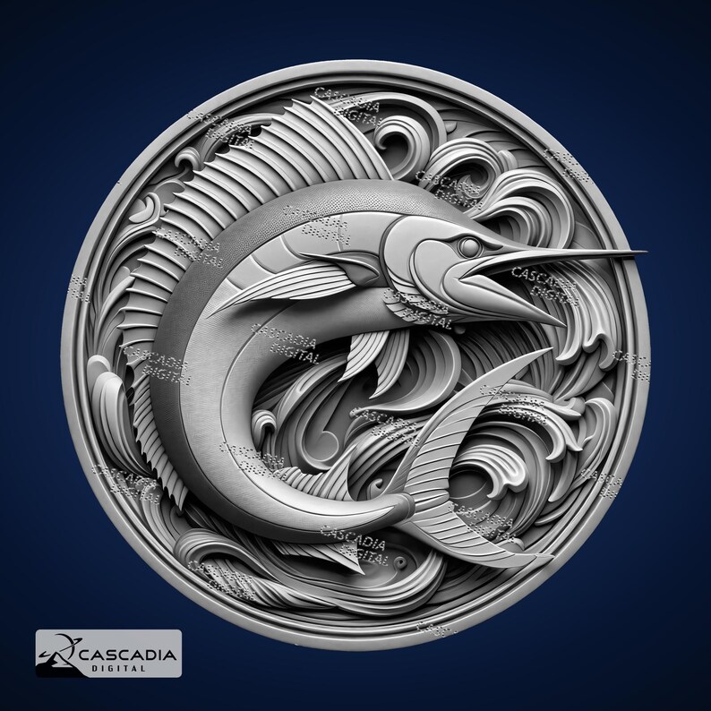 Marlin Round - Laser Engrave 4K PNG Image, Depth Map, Exact-outline Cut ...