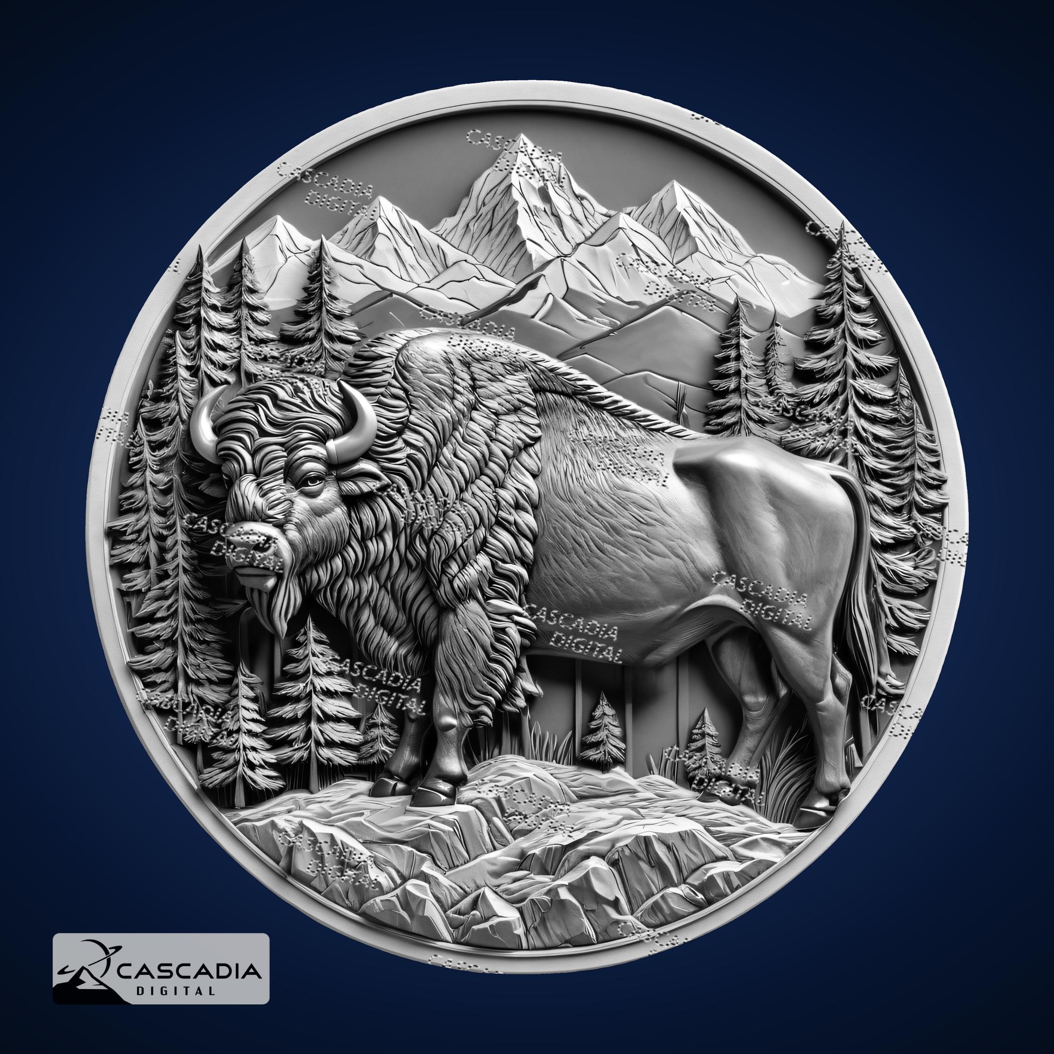Bison Round - Laser Engrave 4K PNG Image, Depth Map, Exact-outline Cut ...