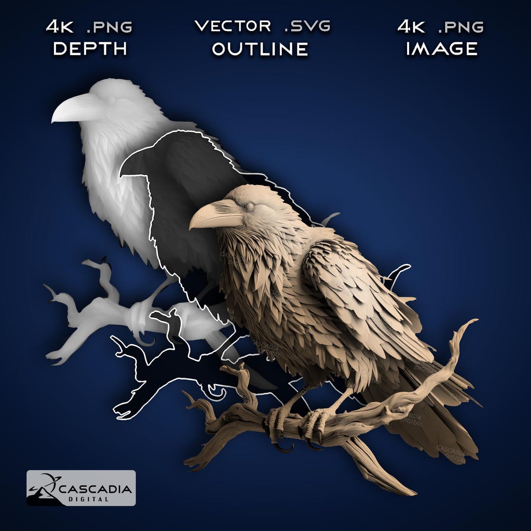 Raven Perched - Laser Engrave 4K PNG Image, Depth Map, Exact-outline ...