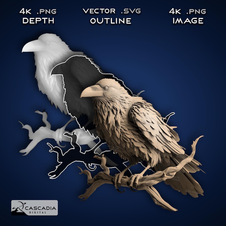Raven Perched - Laser PNG, Depth Map, and SVG for Glowforge and ...
