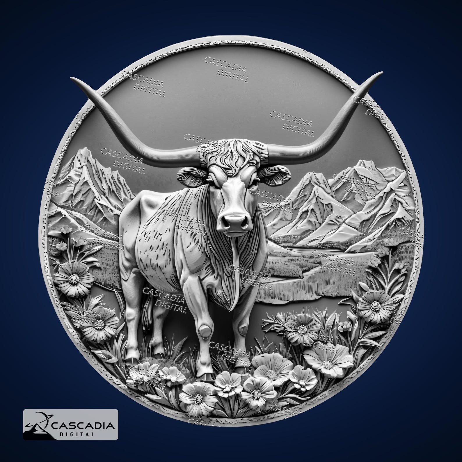 Longhorn Steer Round - Laser Engrave 4K PNG Image, Depth Map, Exact ...