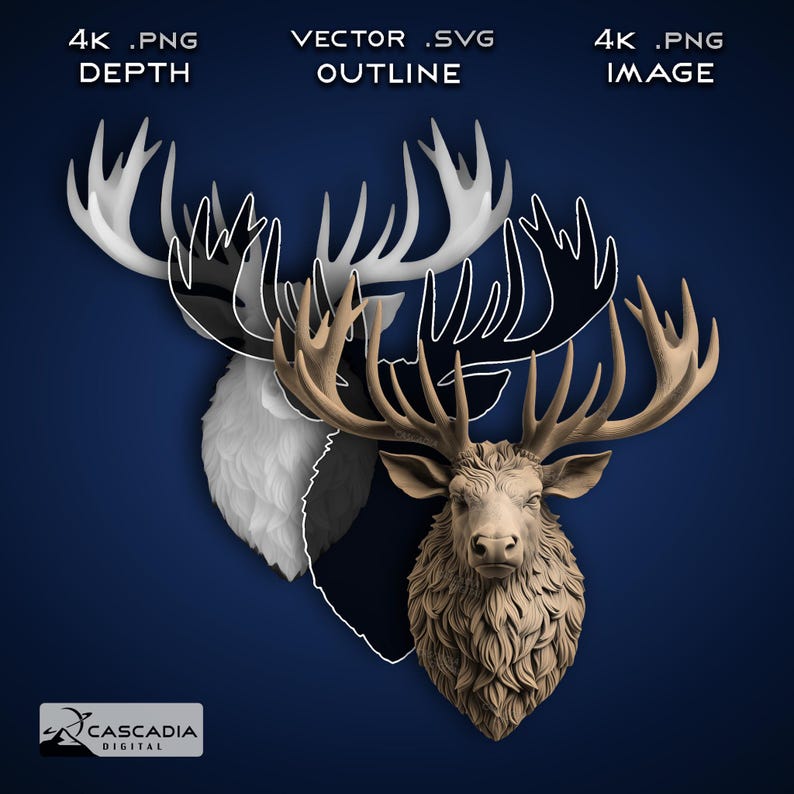 Elk Head - Laser Engrave 4K PNG Image, Depth Map, Exact-outline Cut ...