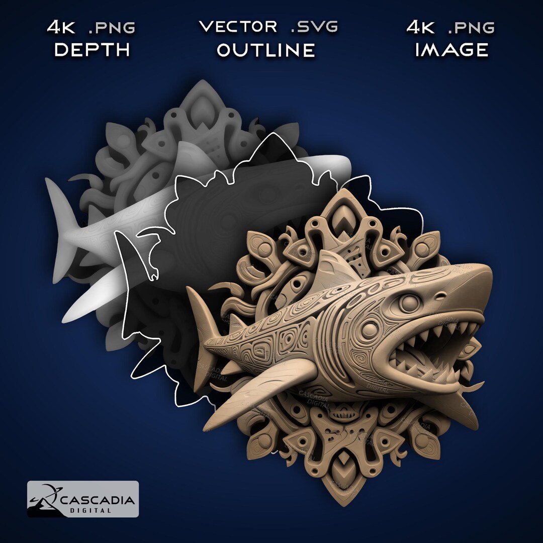 Shark Native Inuit - Laser Engrave 4K PNG Image, Depth Map, Exact ...