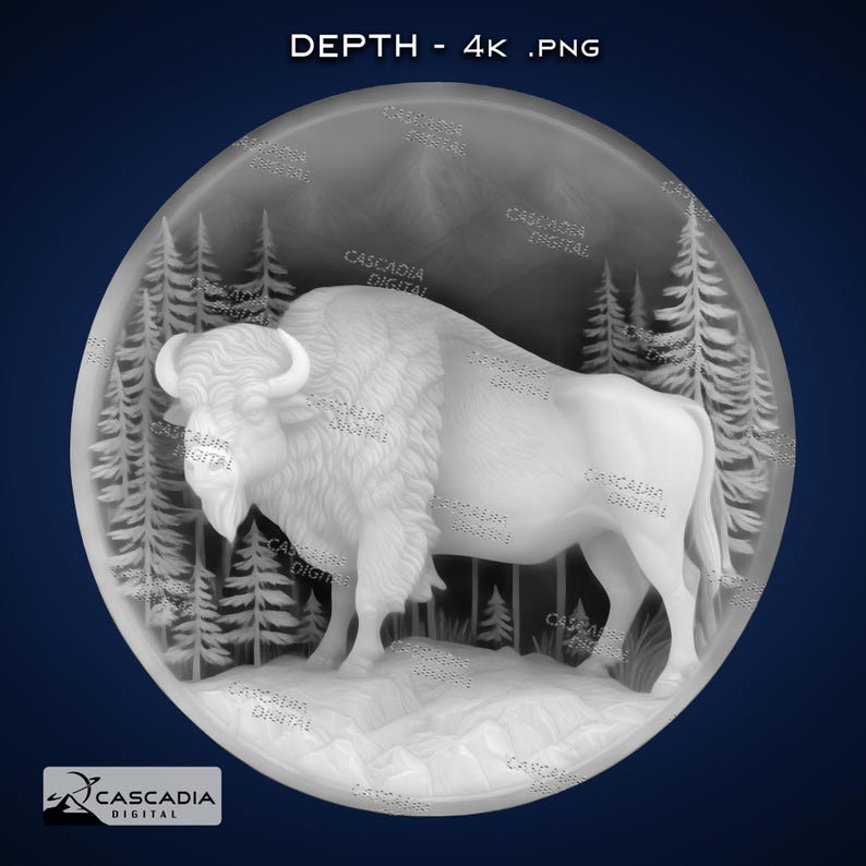 Bison Round - Laser Engrave 4K PNG Image, Depth Map, Exact-outline Cut ...
