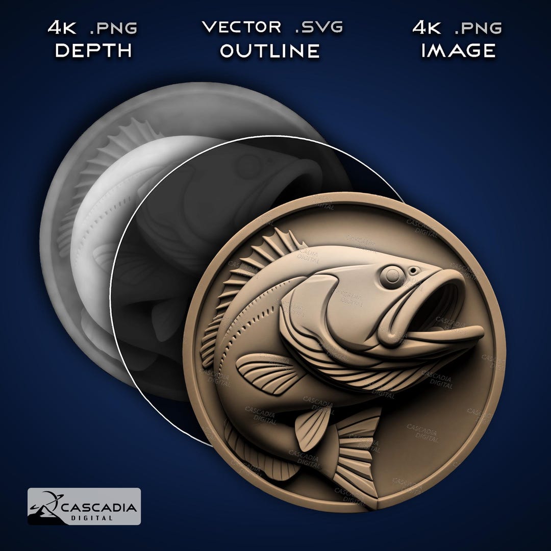 Bass Fish Round - Laser Engrave 4K PNG Image, Depth Map, Exact-outline ...