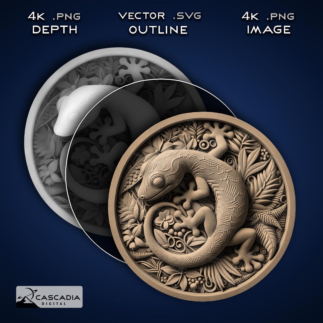 Gecko Round - Laser Engrave 4K PNG Image, Depth Map, Exact-outline Cut ...