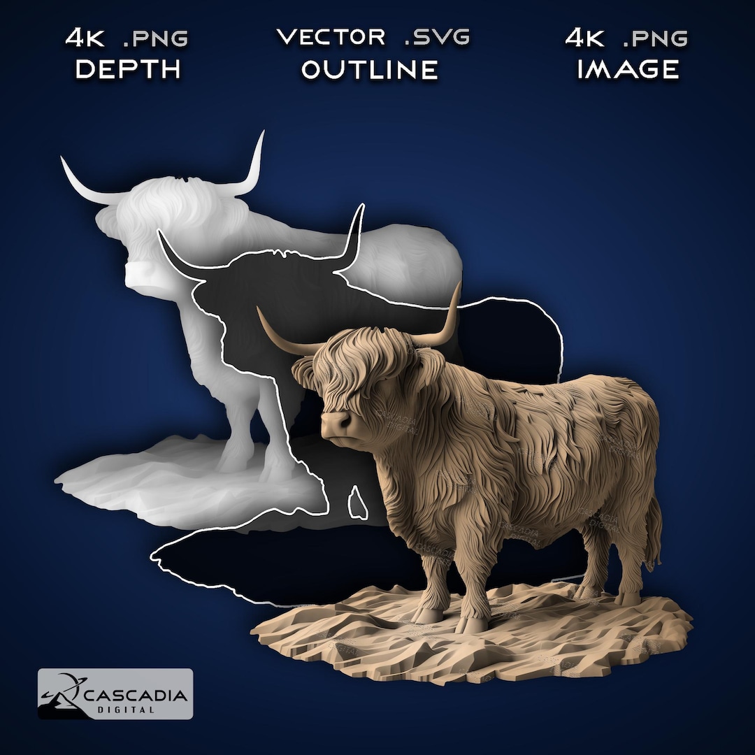 Highland Cow Steer - Laser Engrave 4K PNG Image, Depth Map, Exact ...