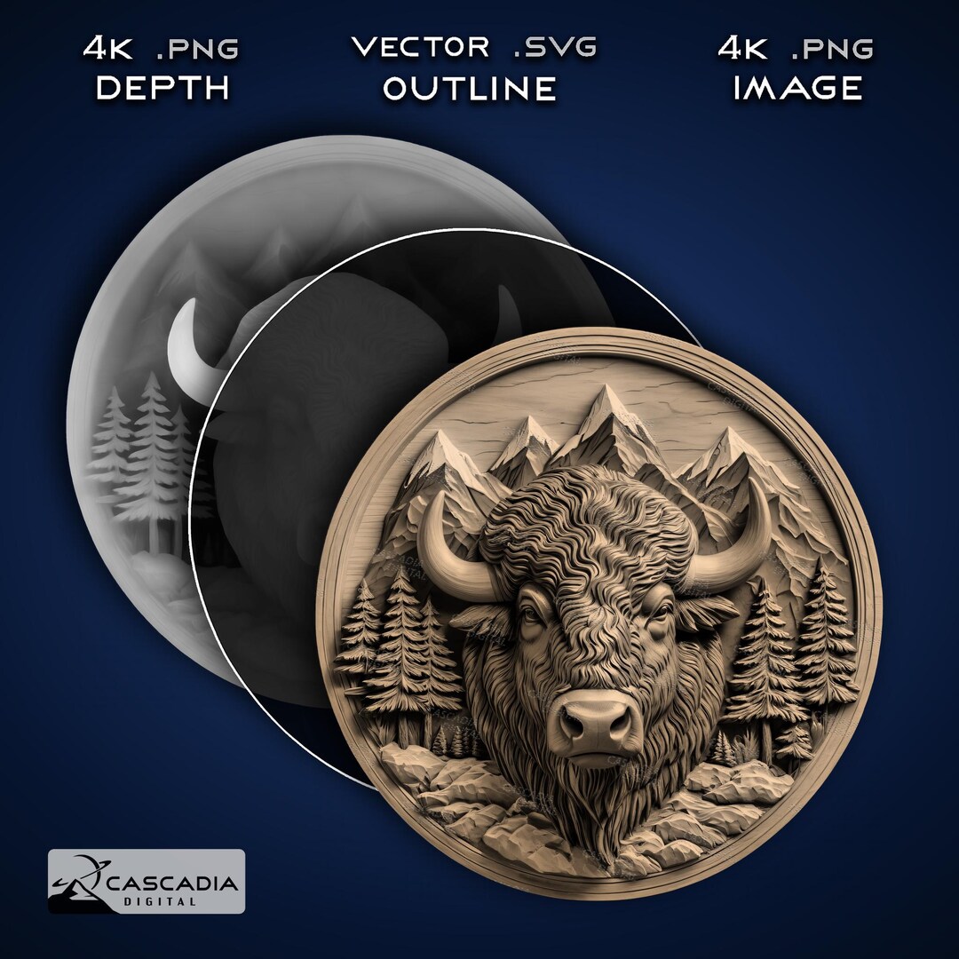 Bison Head Round - Laser Engrave 4K PNG Image, Depth Map, Exact-outline ...