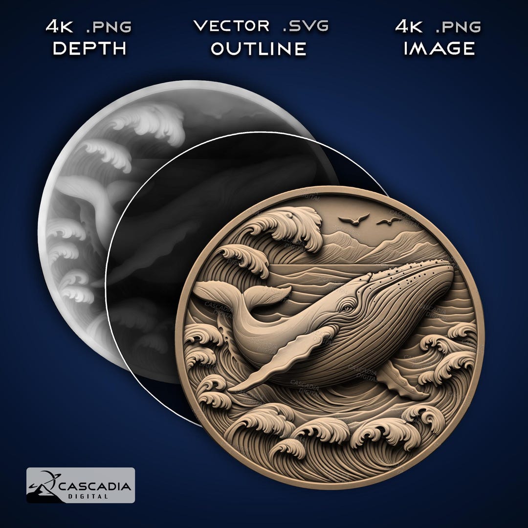 Whale Round - Laser Engrave 4K PNG Image, Depth Map, Exact-outline Cut ...
