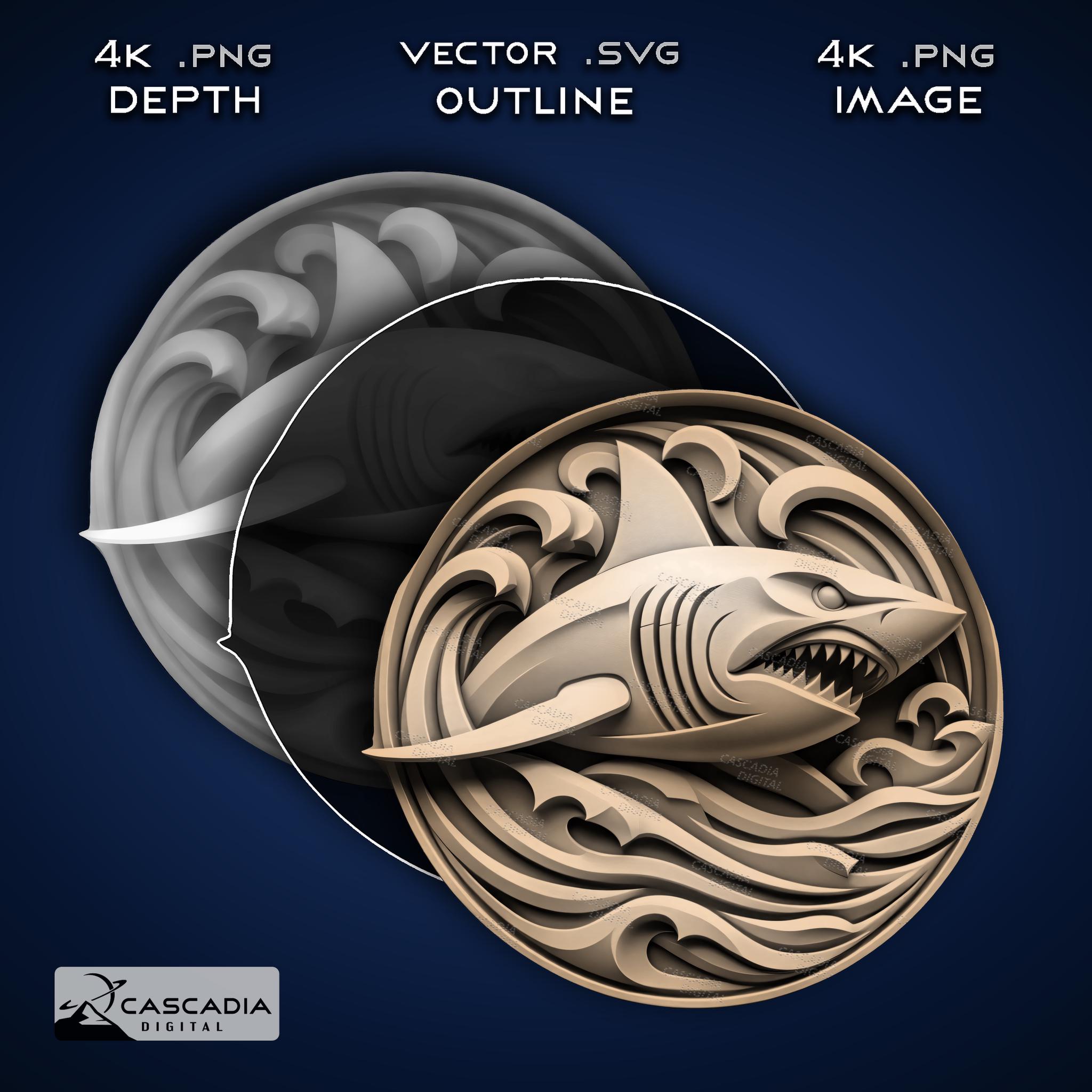 Shark Round - Laser PNG, Depth Map, and SVG for Glowforge and Lightburn ...