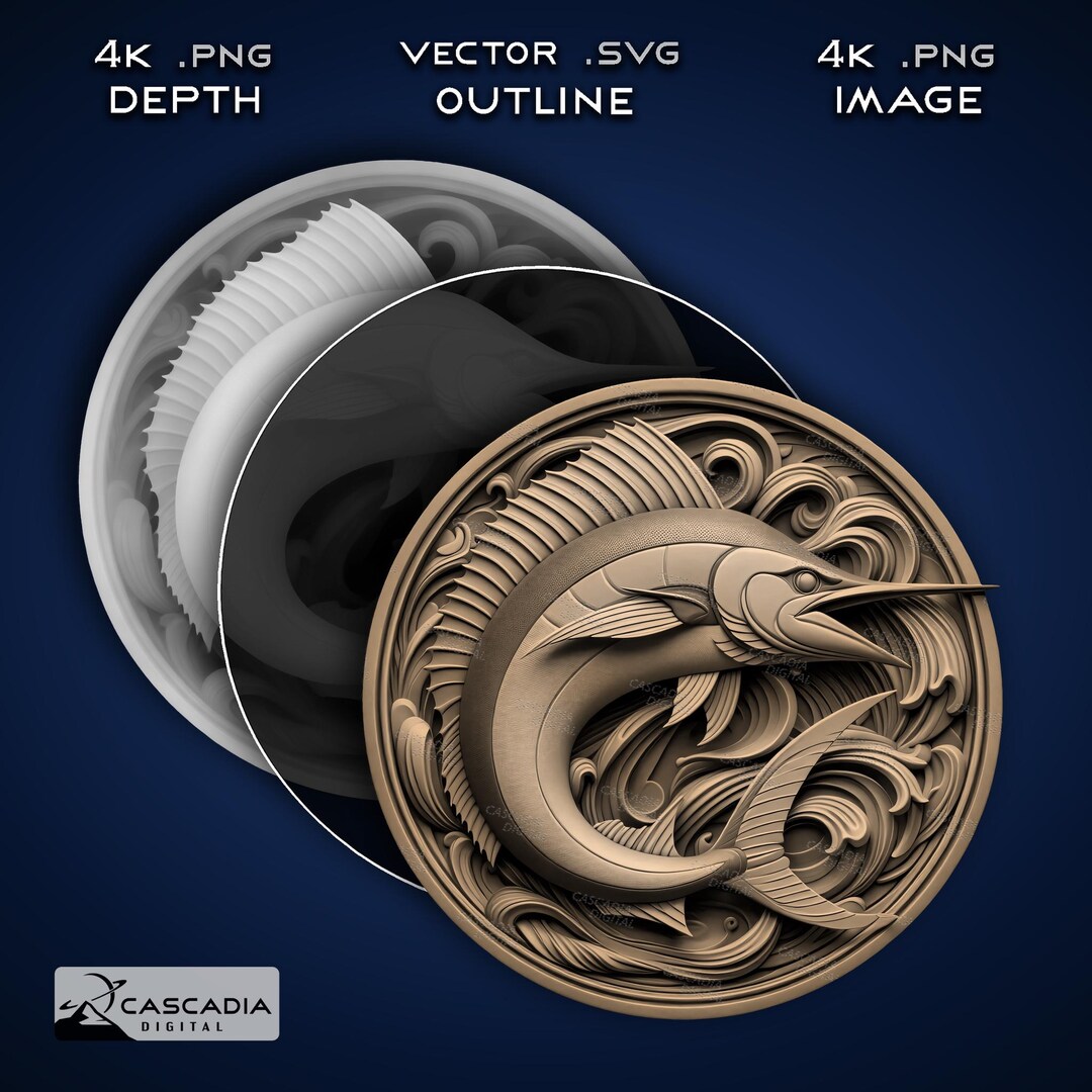 Marlin Round - Laser Engrave 4K PNG Image, Depth Map, Exact-outline Cut ...